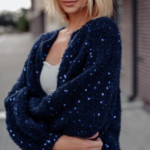 Chunky Knit Cardigan, Oversize Blue Sweater, Balloon Sleeve, Wool Long ...