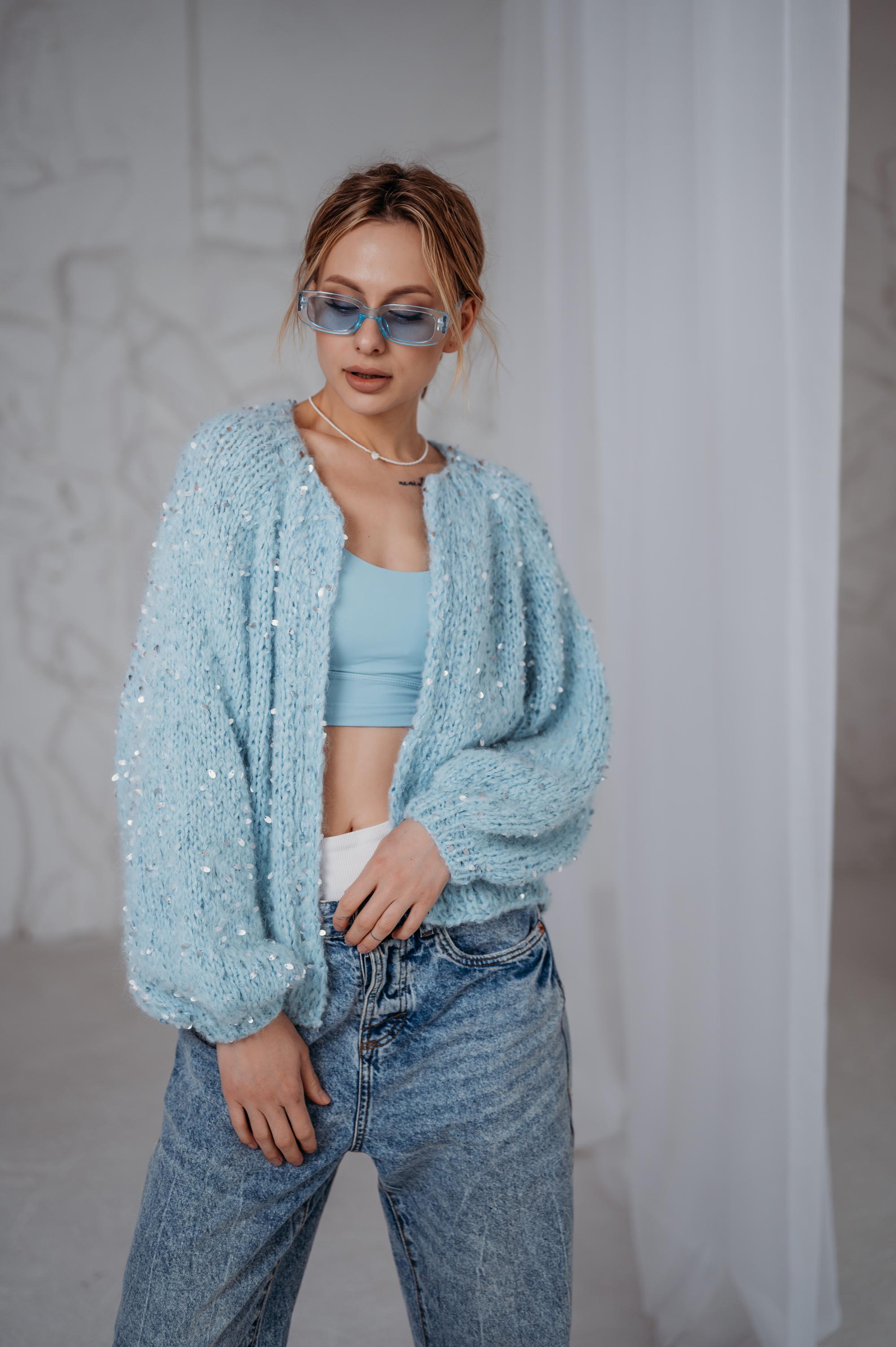 Sparkling Sequin Knitted Sweater, Blue Mohair Cardigan, Cardigan With ...