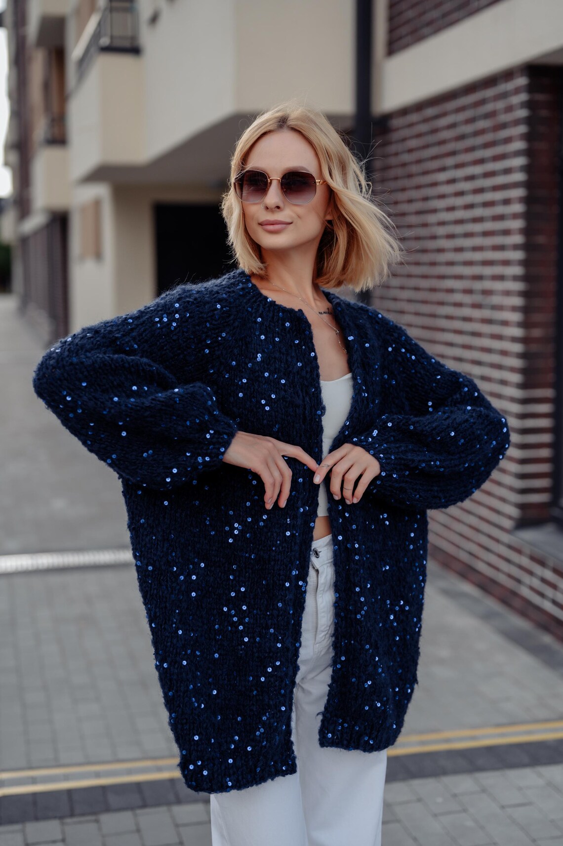 Chunky Knit Cardigan, Oversize Blue Sweater, Balloon Sleeve, Wool Long ...
