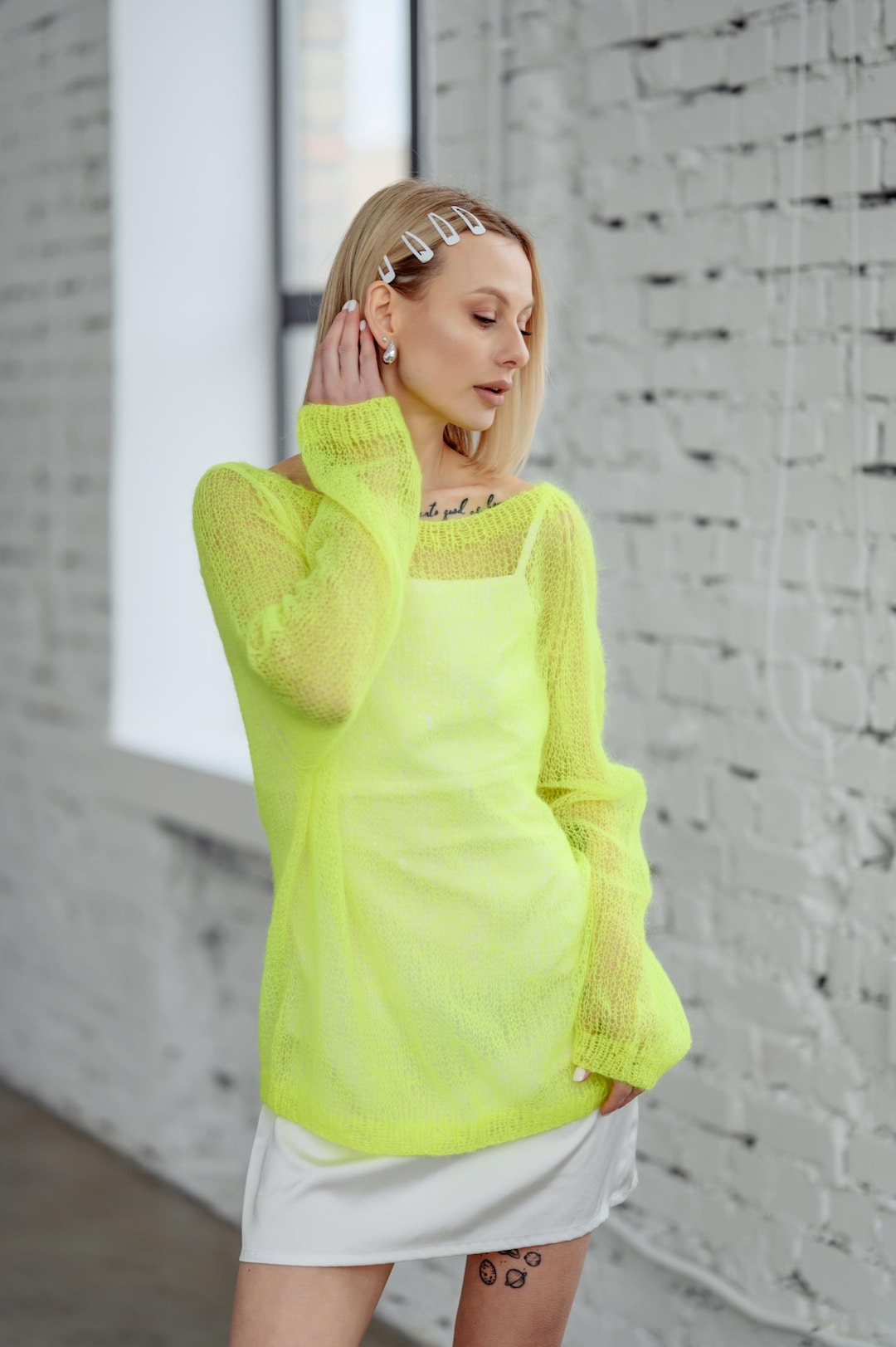 Neon Sweater, Neon Green Yellow Hand Knitted Sweater, Fluo Yellow ...