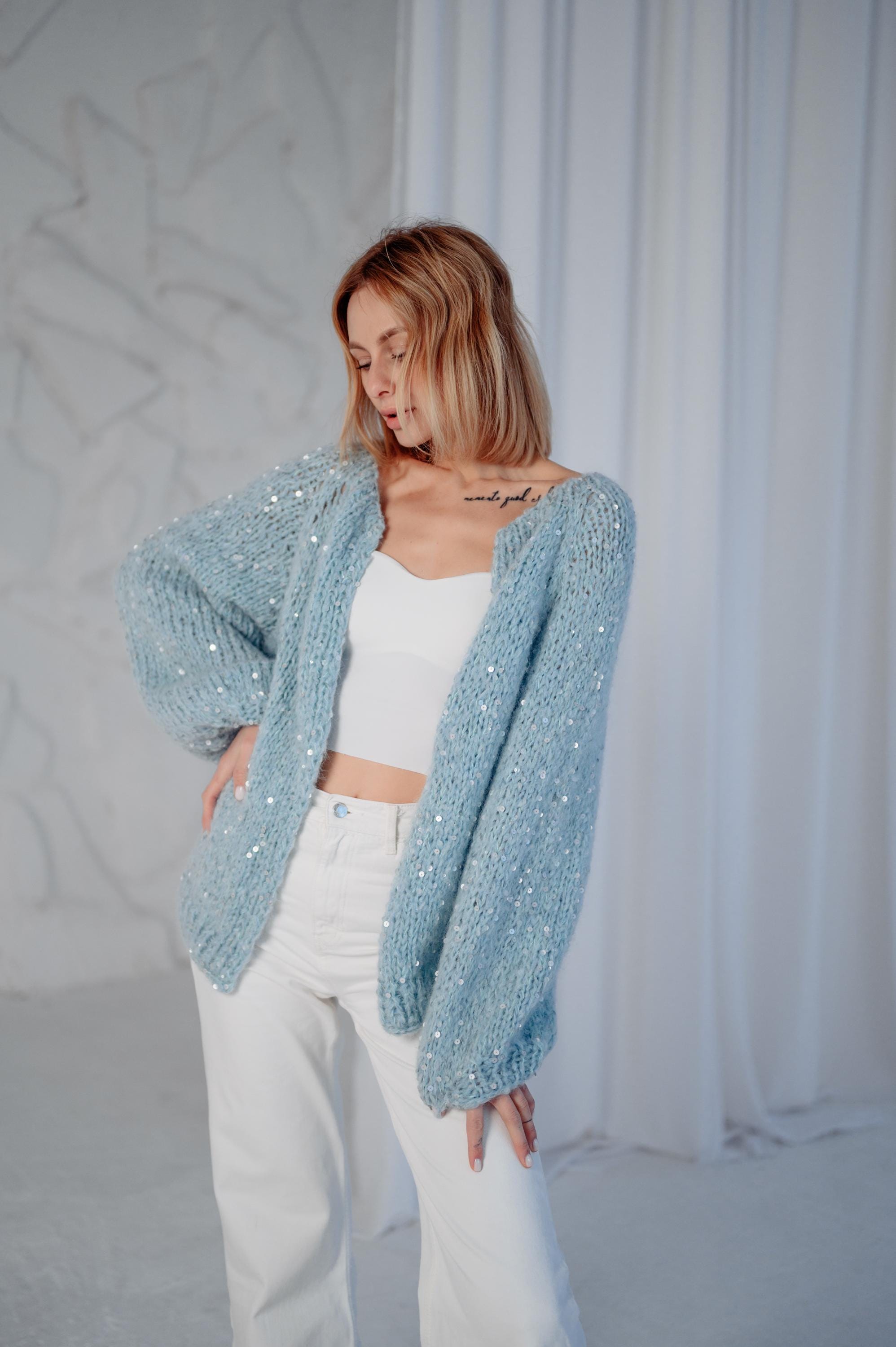 Sparkling Sequin Knitted Sweater, Blue Mohair Cardigan, Cardigan With ...