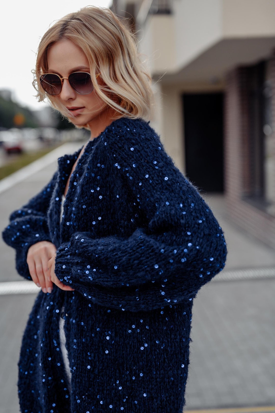 Chunky Knit Cardigan, Oversize Blue Sweater, Balloon Sleeve, Wool Long ...