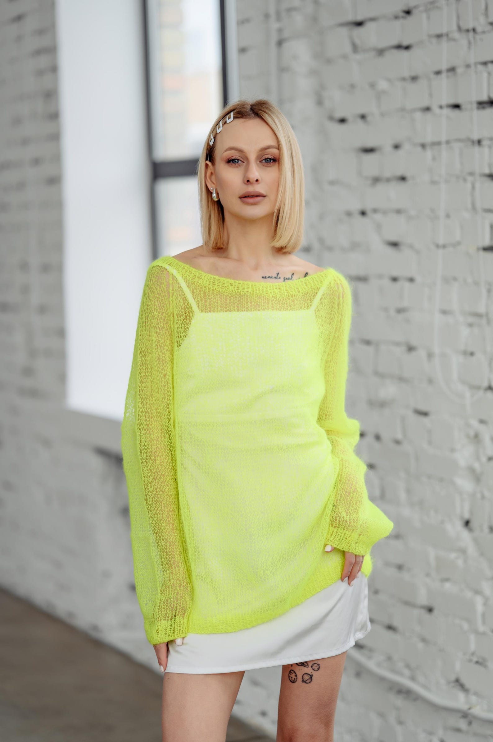 Neon Sweater, Neon Green Yellow Hand Knitted Sweater, Fluo Yellow ...