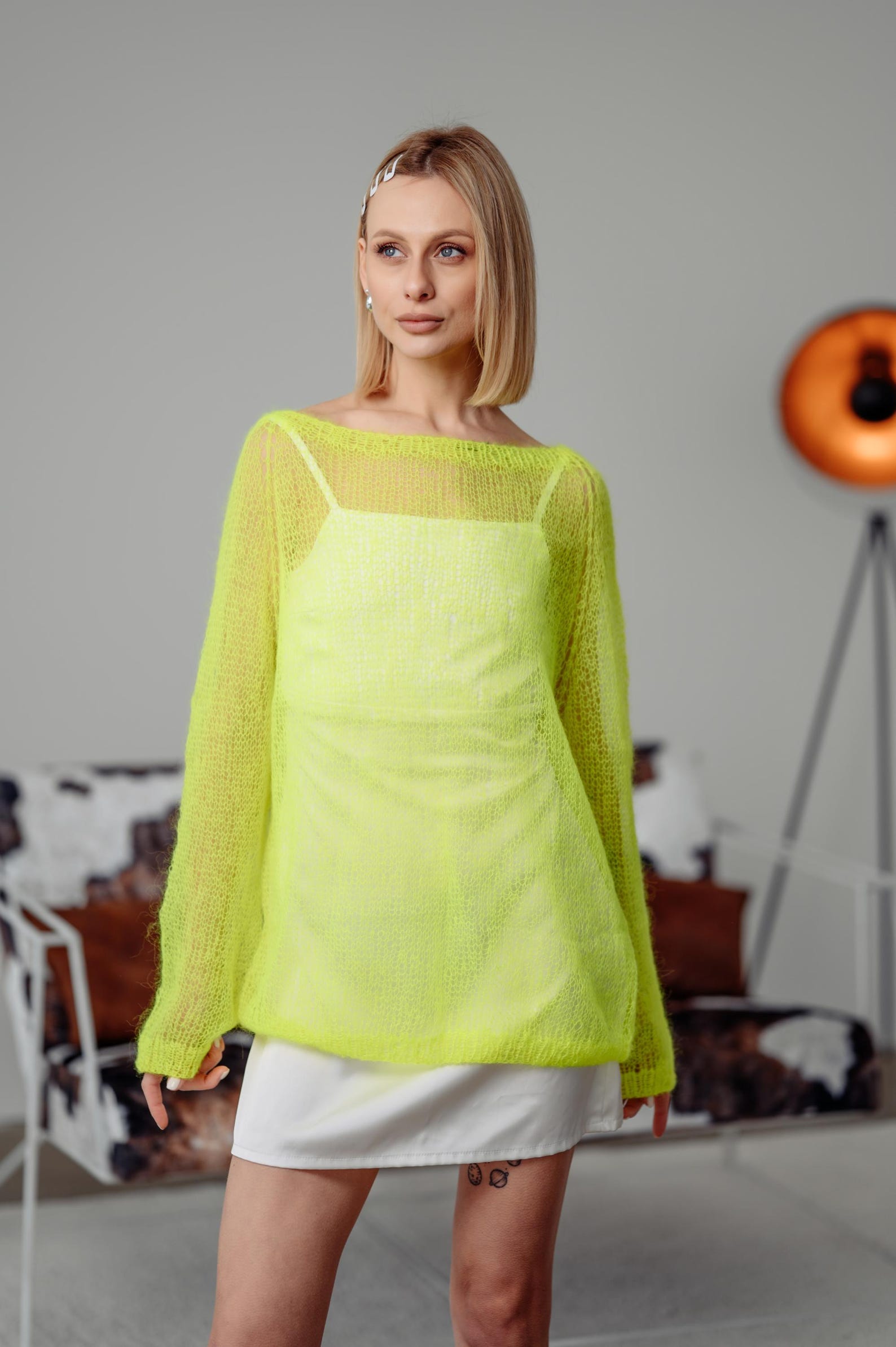 Neon Sweater, Neon Green Yellow Hand Knitted Sweater, Fluo Yellow ...