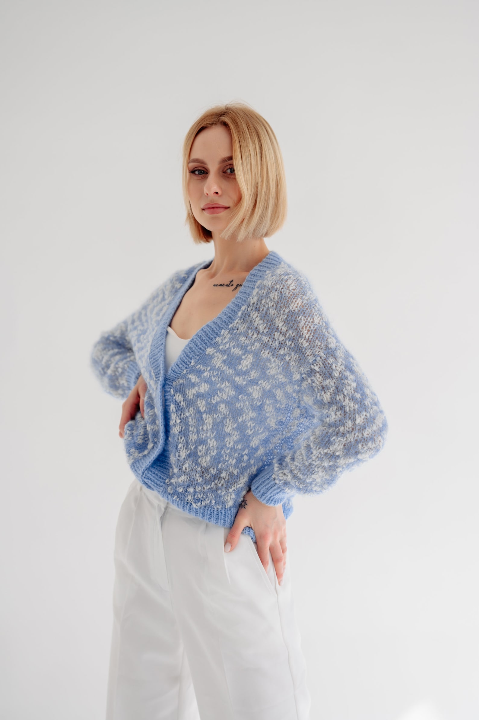 Light Blue Knit Mohair Cardigan, Handcrafted Open Front Bomber Jacket ...