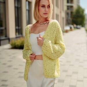 Yellow Cardigan, Fluffy Mohair Bomber, Open Front Cardigan, Loose Knit ...
