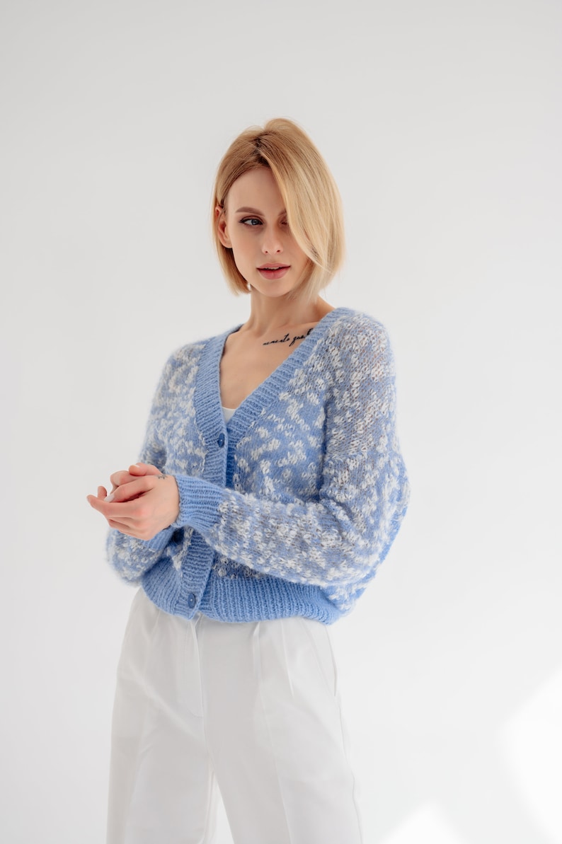 Light Blue Knit Mohair Cardigan, Handcrafted Open Front Bomber Jacket ...