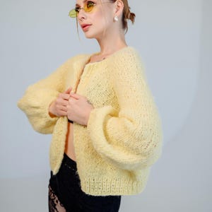Yellow Cardigan, Fluffy Mohair Bomber, Open Front Cardigan, Loose Knit ...