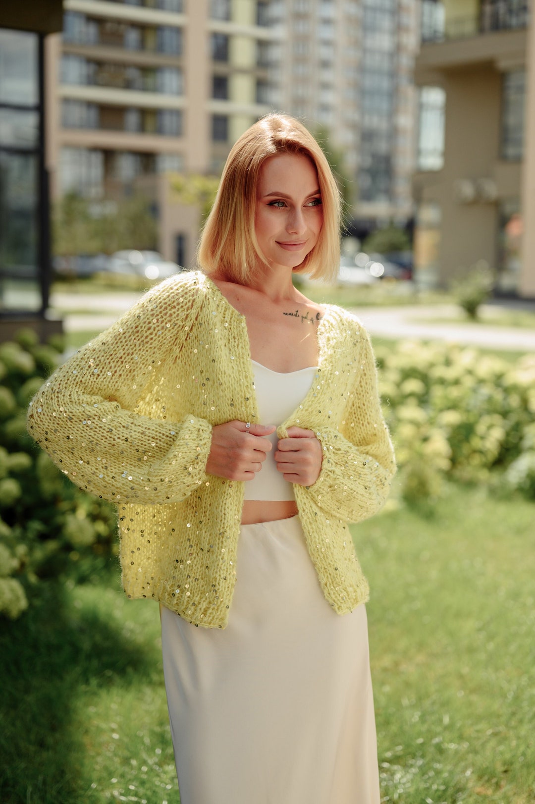 Yellow Cardigan, Fluffy Mohair Bomber, Open Front Cardigan, Loose Knit ...