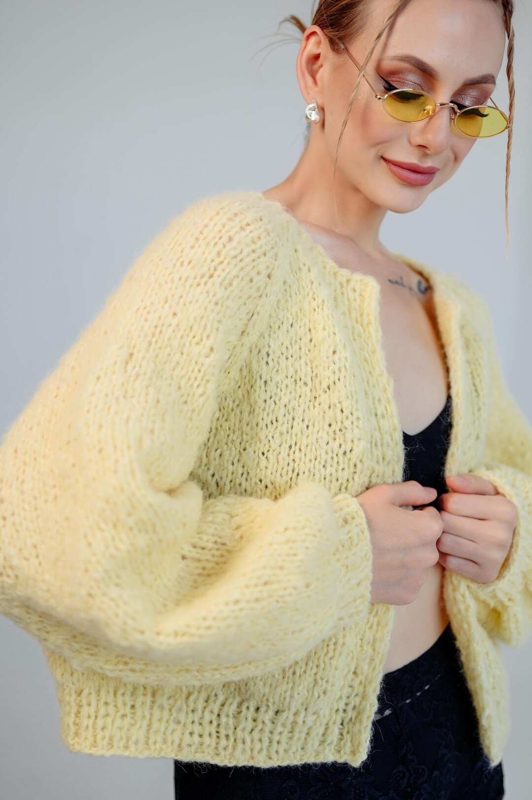 Yellow Cardigan, Fluffy Mohair Bomber, Open Front Cardigan, Loose Knit ...