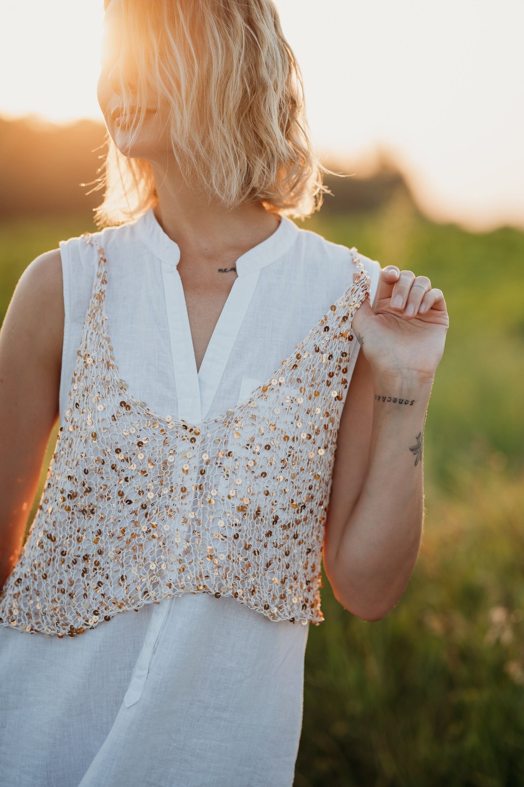 Sequin Top White, Hand Knitted, Sequin Cotton Top, Knit Sweater With ...