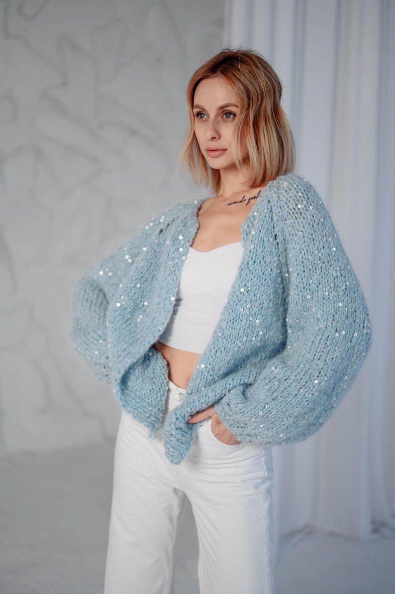 Sparkling Sequin Knitted Sweater, Blue Mohair Cardigan, Cardigan With ...