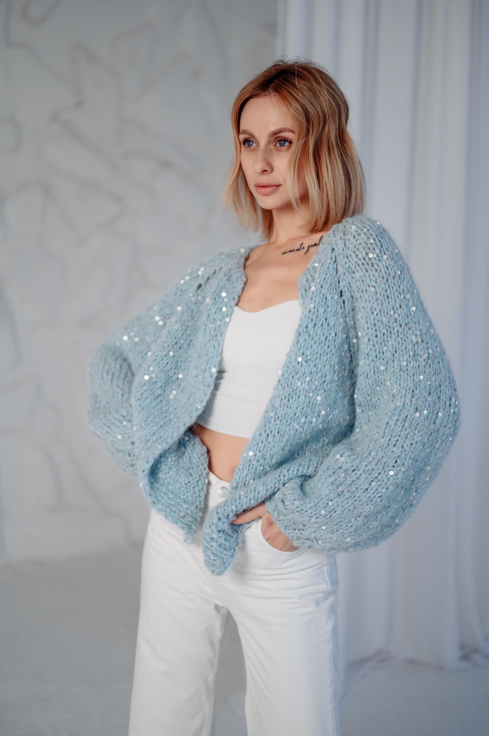 Sparkling Sequin Knitted Sweater, Blue Mohair Cardigan, Cardigan With ...