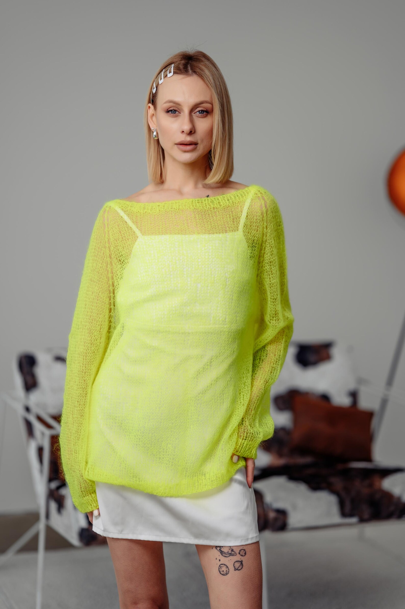 Neon Sweater, Neon Green Yellow Hand Knitted Sweater, Fluo Yellow ...