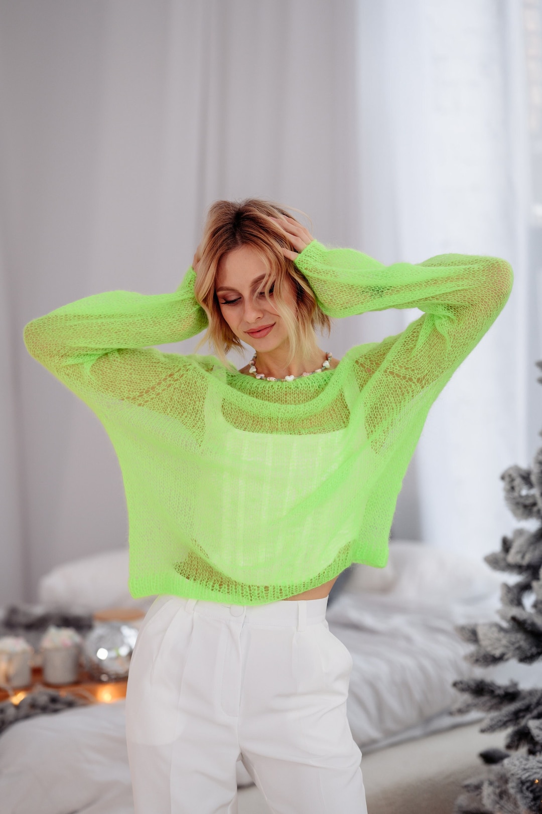 Neon Sweater, Neon Green Yellow Hand Knitted Sweater, Fluo Yellow ...