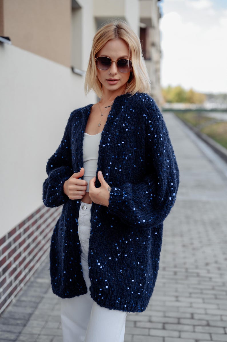 Chunky Knit Cardigan, Oversize Blue Sweater, Balloon Sleeve, Wool Long ...