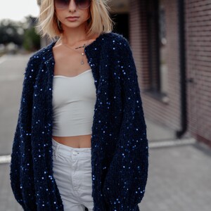 Chunky Knit Cardigan, Oversize Blue Sweater, Balloon Sleeve, Wool Long ...
