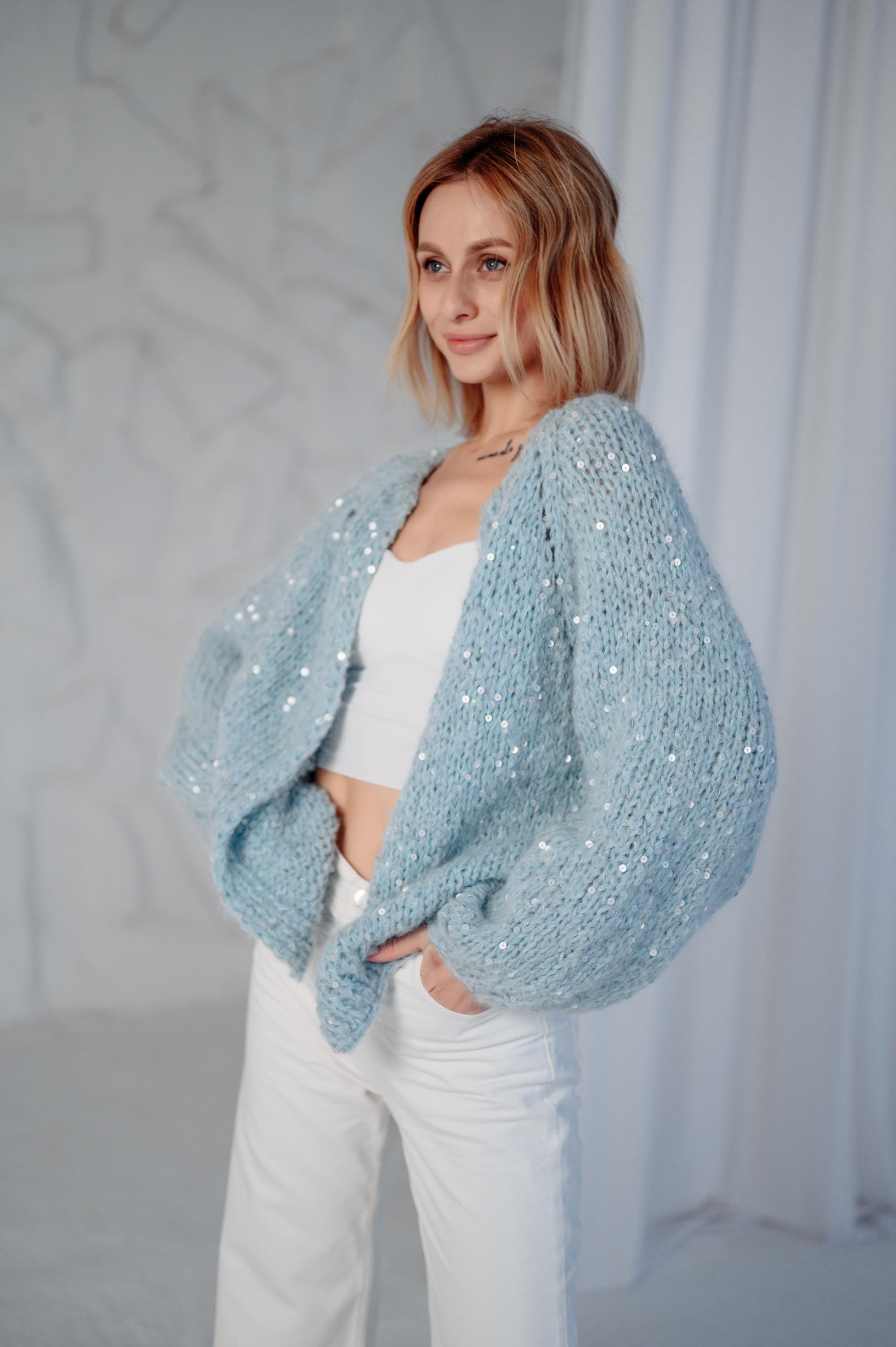 Sparkling Sequin Knitted Sweater, Blue Mohair Cardigan, Cardigan With ...