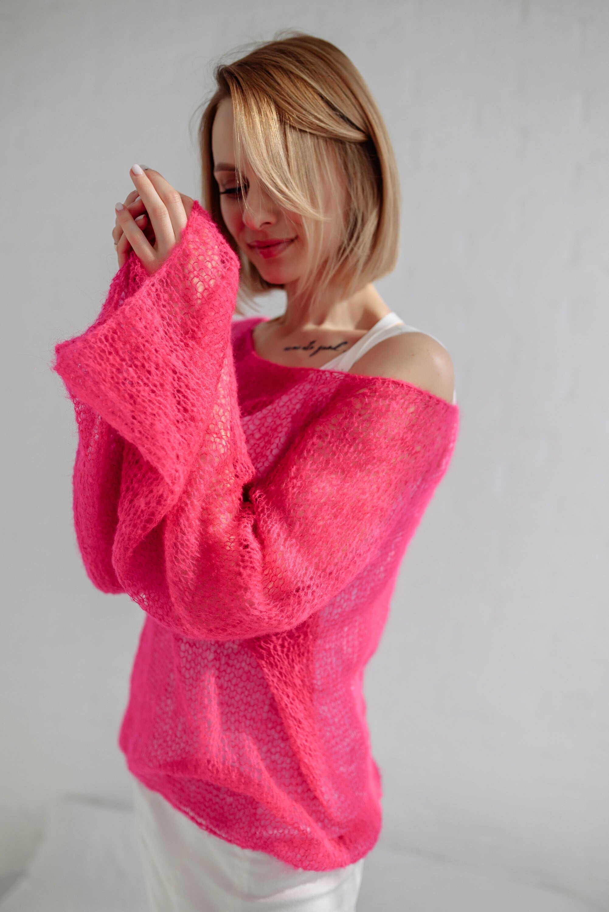 Loose Knit Sweater, Pink Mesh Sweater, Mohair Light Sweater ...