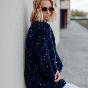 Chunky Knit Cardigan, Oversize Blue Sweater, Balloon Sleeve, Wool Long ...