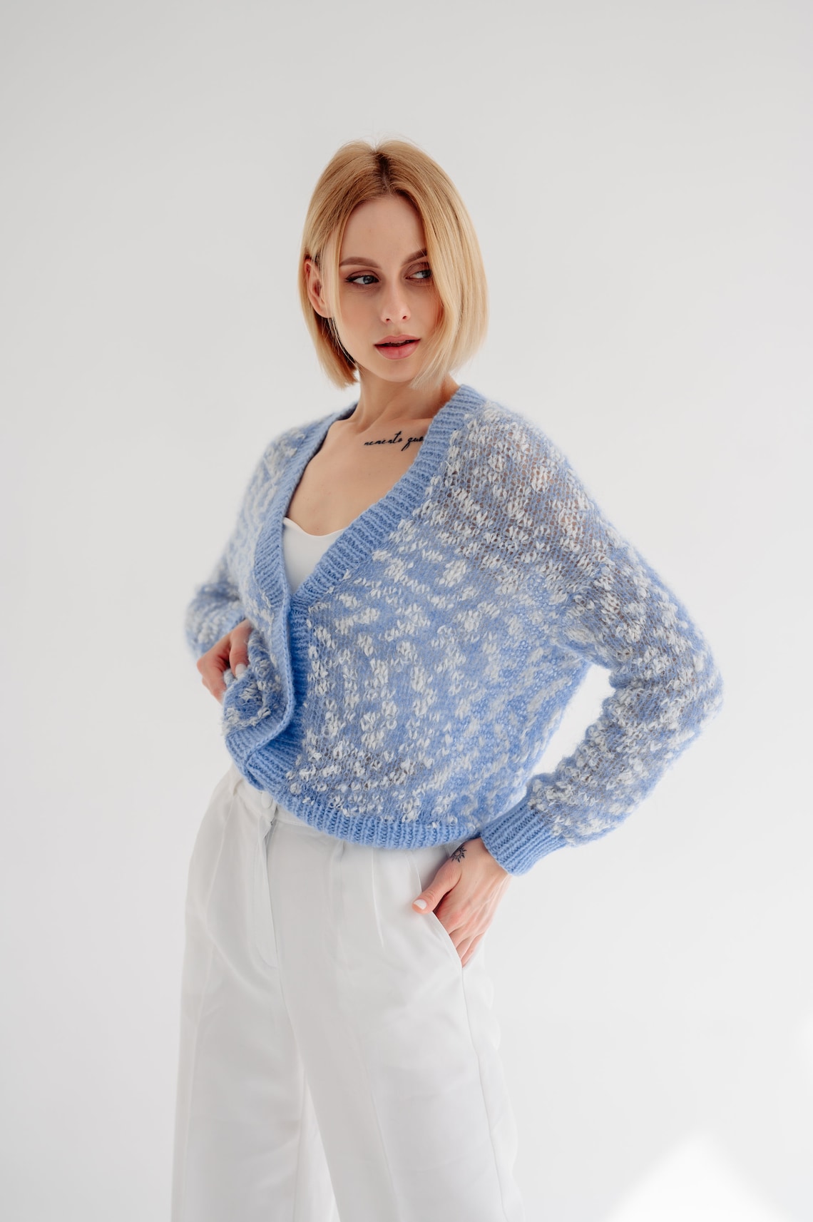 Light Blue Knit Mohair Cardigan, Handcrafted Open Front Bomber Jacket ...