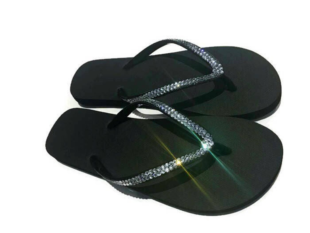 Bling Flip Flops W/ Clear Rhinestones. Black Flip Flops. Summer Sandals ...