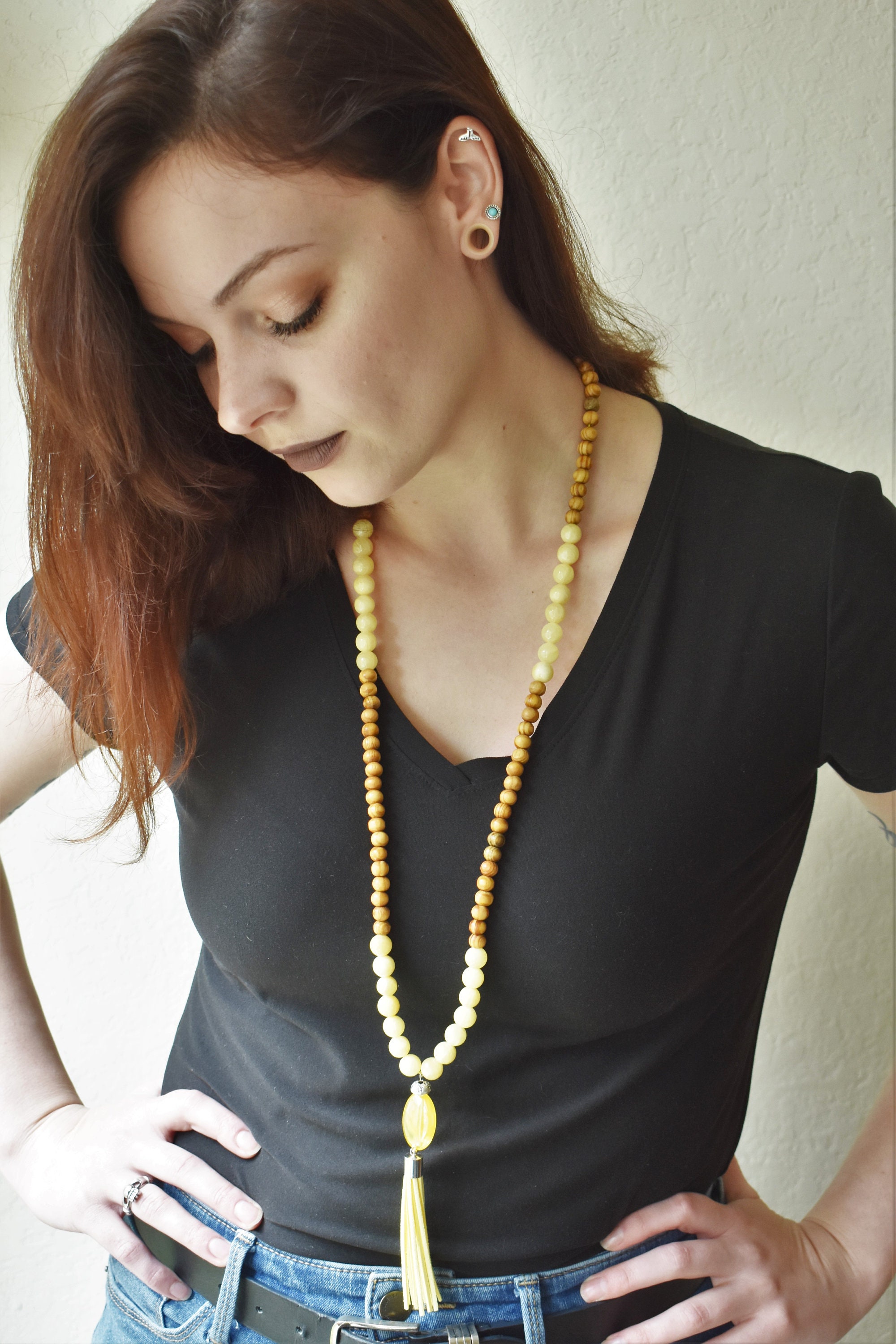 Lightweight Yellow Wooden Mala Inspired Beaded Necklace With Tassel - Etsy