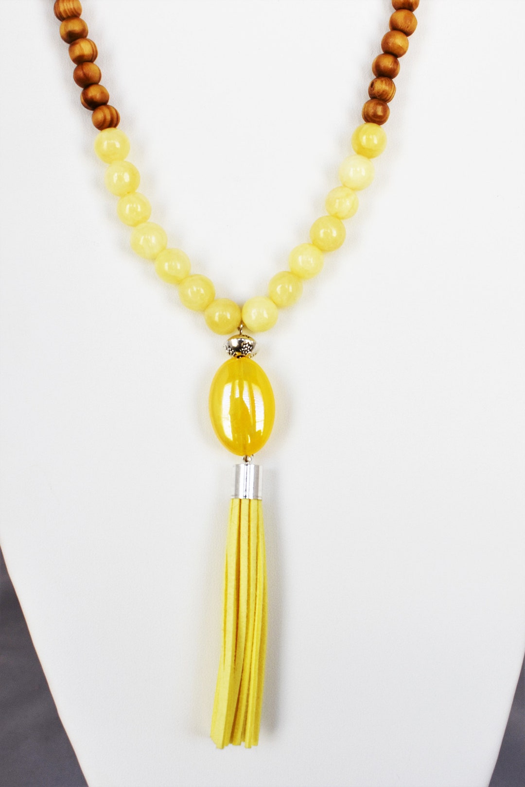 Lightweight Yellow Wooden Mala Inspired Beaded Necklace With Tassel - Etsy