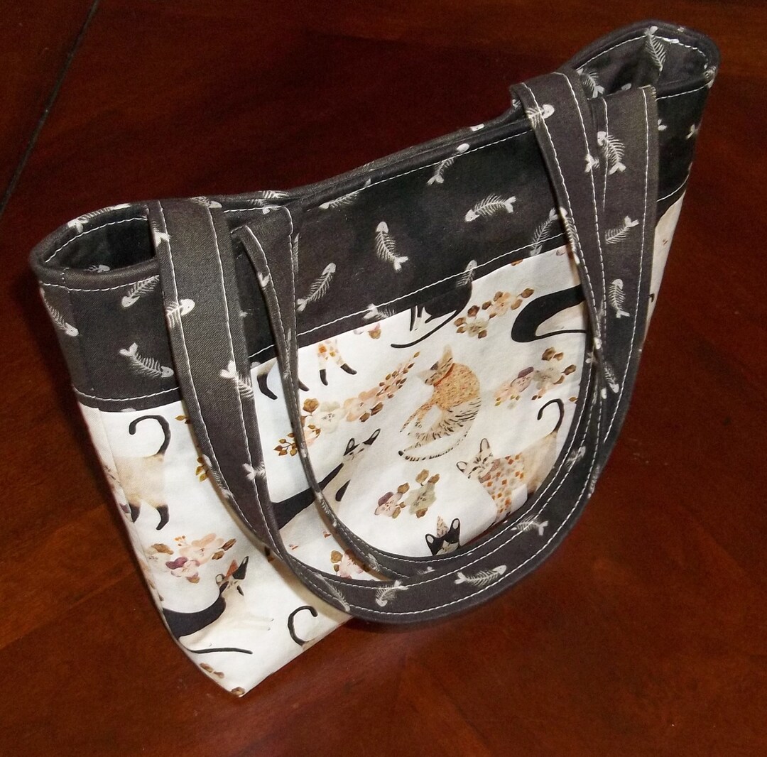Lined Tote Bag. Black and White Cats Bag. Cats and Fishbones Tote ...