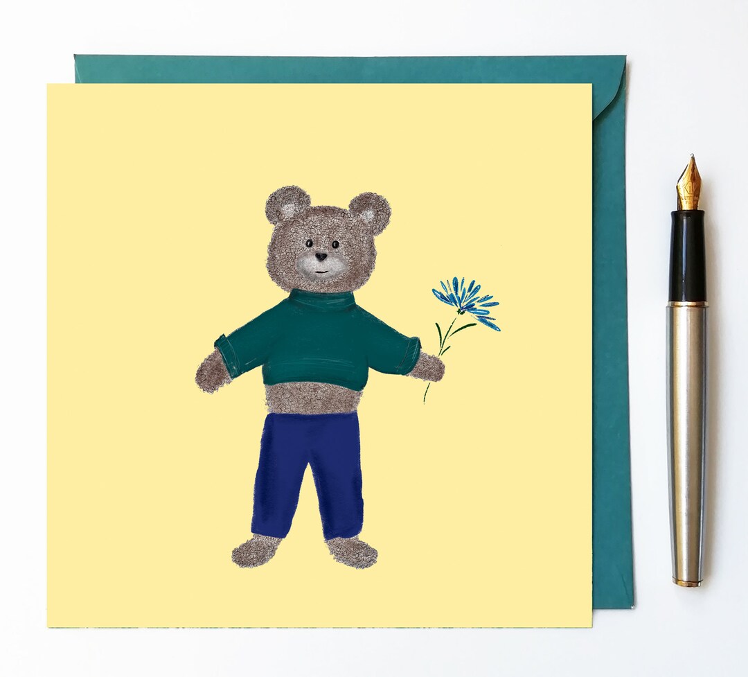 Little Brown Bear Card, Cute Bear With a Flower Card, Cute Animal Card ...