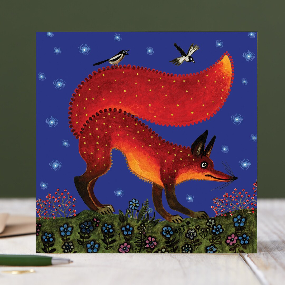 Red Fox Art Card, Striking Fox Greeting Card, Folk Art Blank Cards in ...