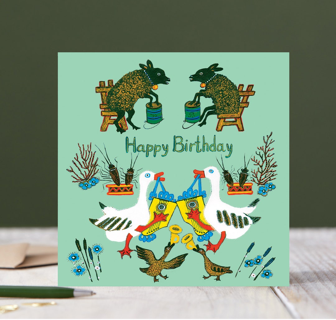 Music Birthday Card - Fun Animals With Instruments - White Geese - Rams ...