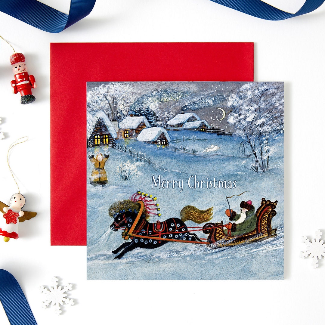 Father Christmas in a Sleigh Christmas Card, Santa in Sledge Merry ...