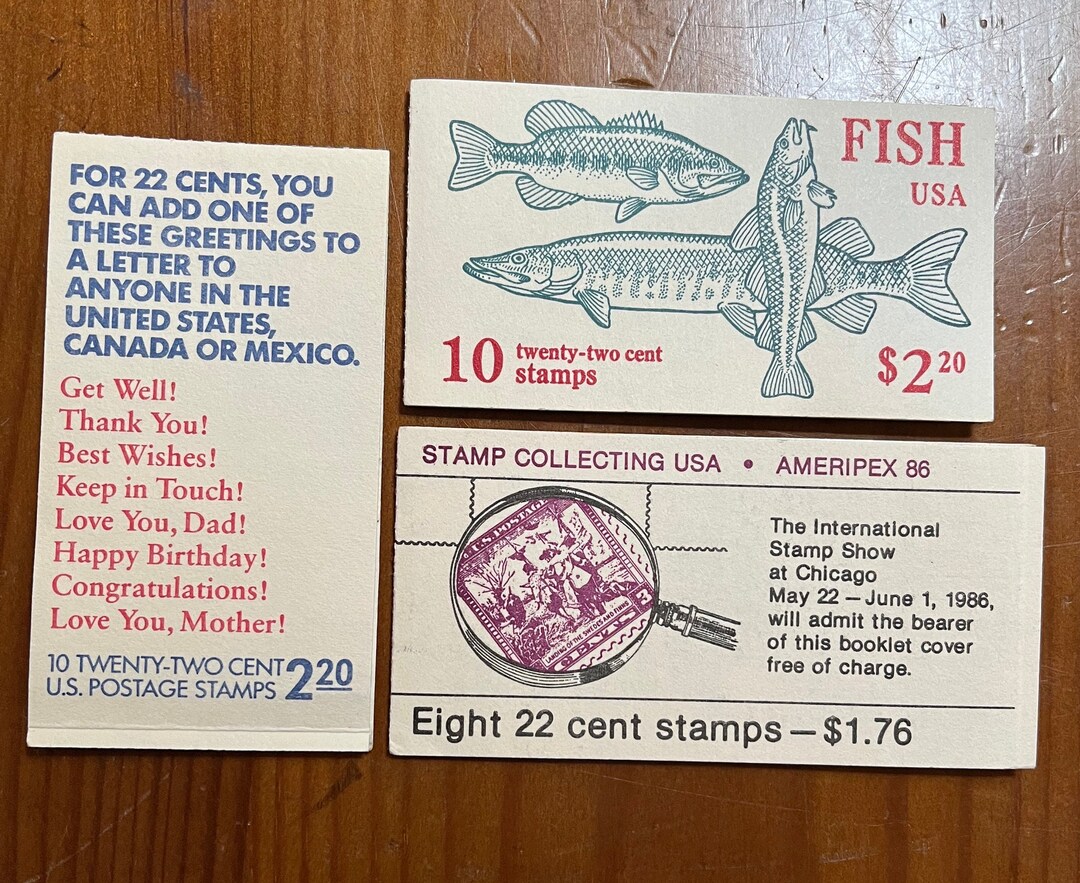3 USPS Stamp Booklets - 22 Cent Stamps - Fish, Stamp Collecting, and ...
