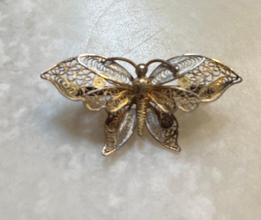 Broche papillon ancienne Art Déco en argent 800 en filigrane - Fermoir trombone - Etsy France