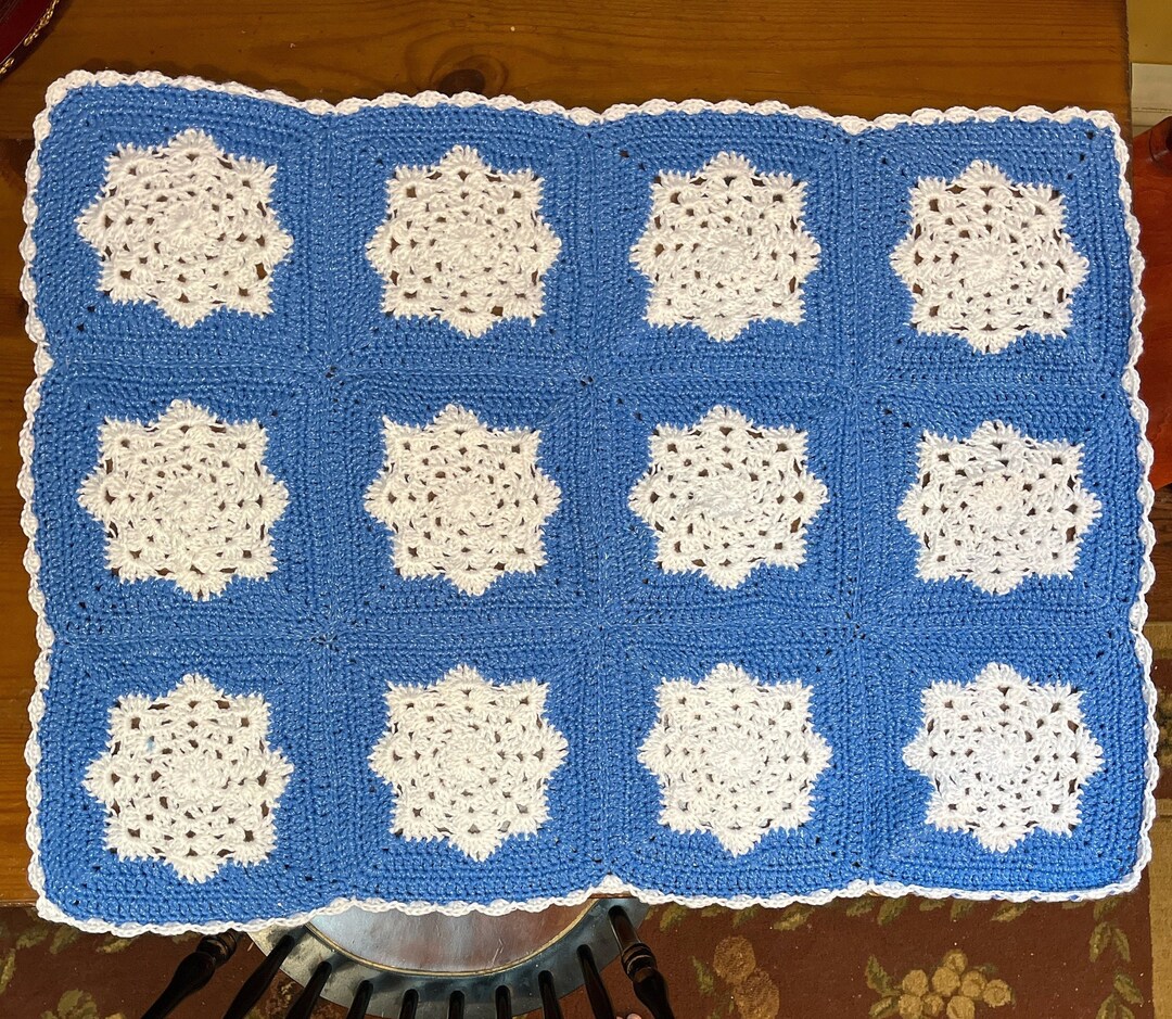 Crocheted Snowflake Baby Blanket - White and Baby Blue - Snowflake ...