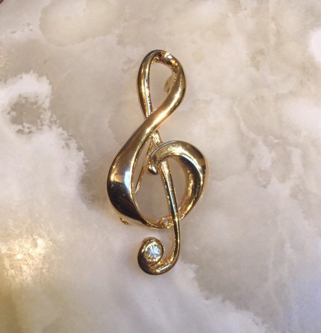 Liz Claiborne Gold Tone Treble Clef Pin: Rhinestone Brooch - Etsy