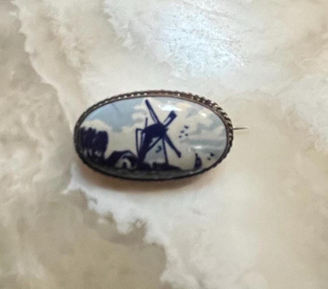 Vintage Delft Porcelain Windmill Brooch - Etsy