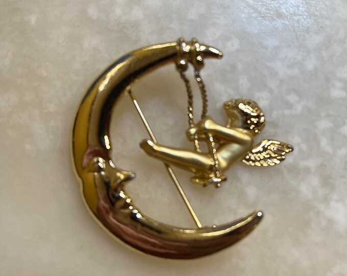 Danecraft Angel Swinging on the Moon Brooch - Etsy