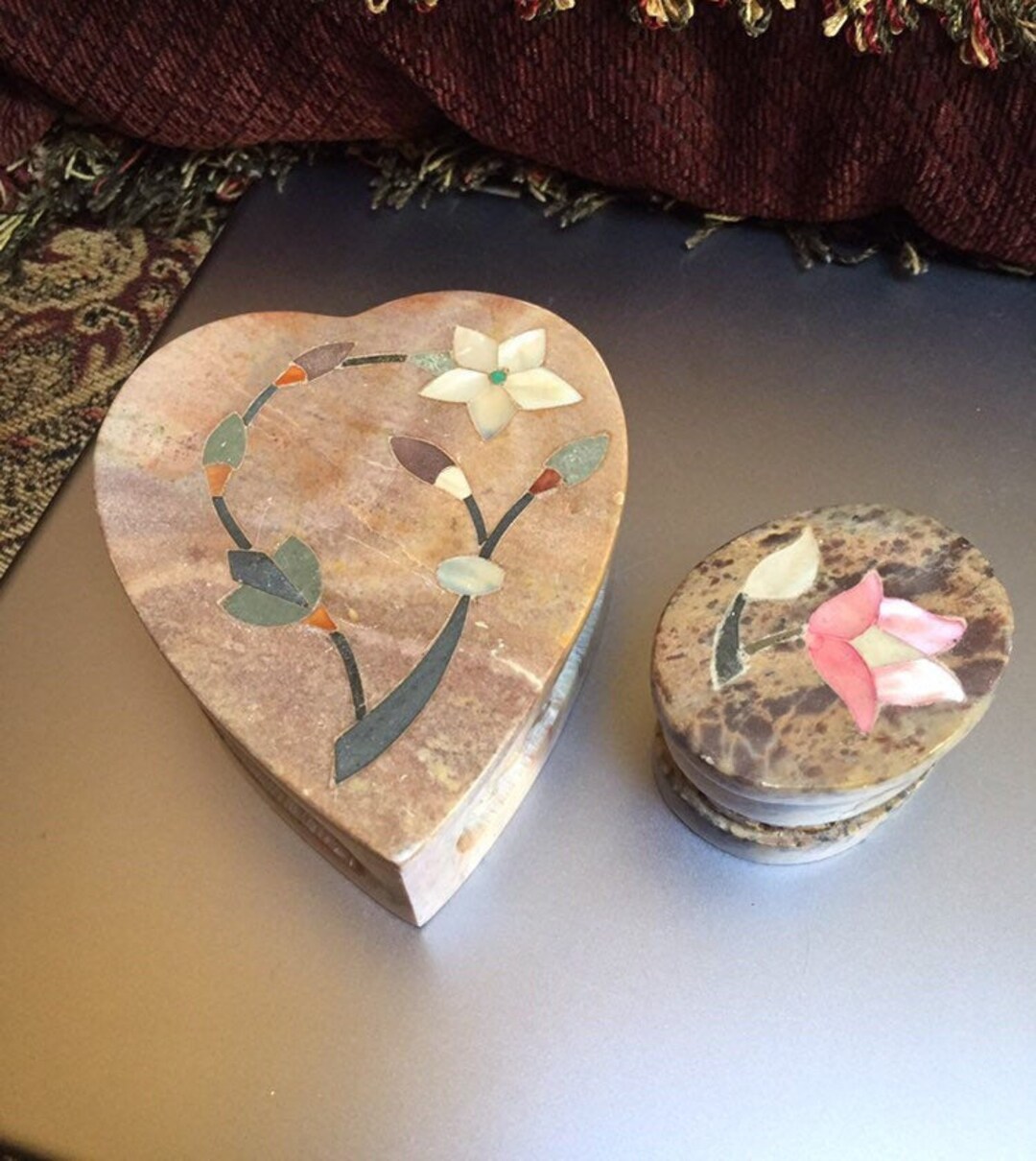 2 Beige Inlaid Alabaster Trinket Boxes - Heart and Small Oval - India ...