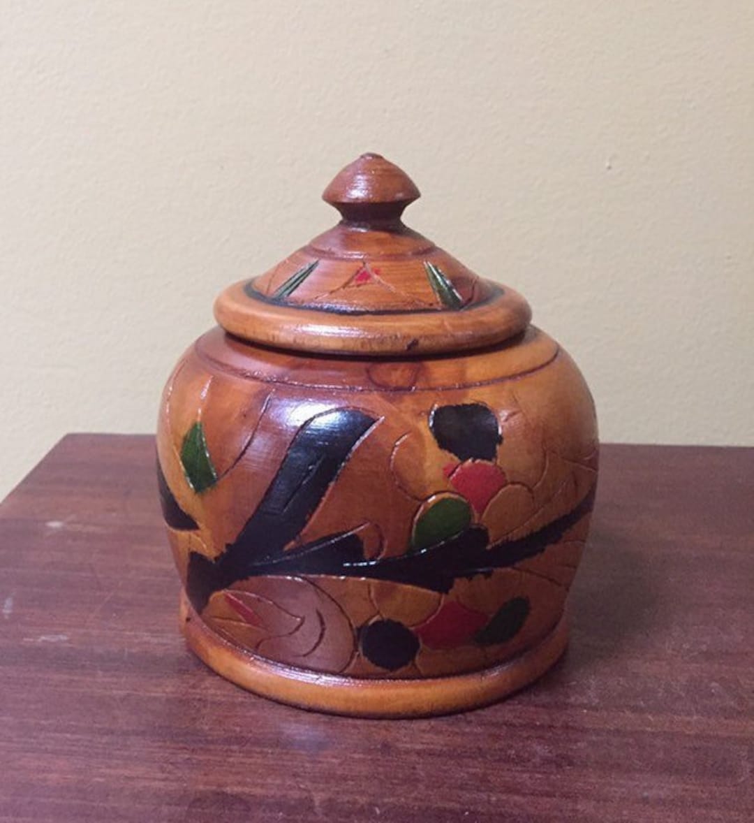 Hand Painted Round Wooden Container With - Vintage Round Wooden Box - Etsy