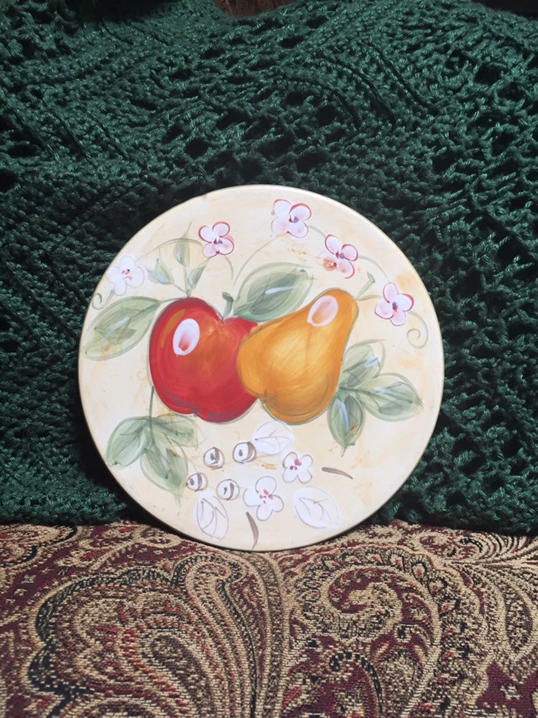 Hand Painted Round Ceramic Trivet- Vintage Apple & Pear Ceramic Trivet ...