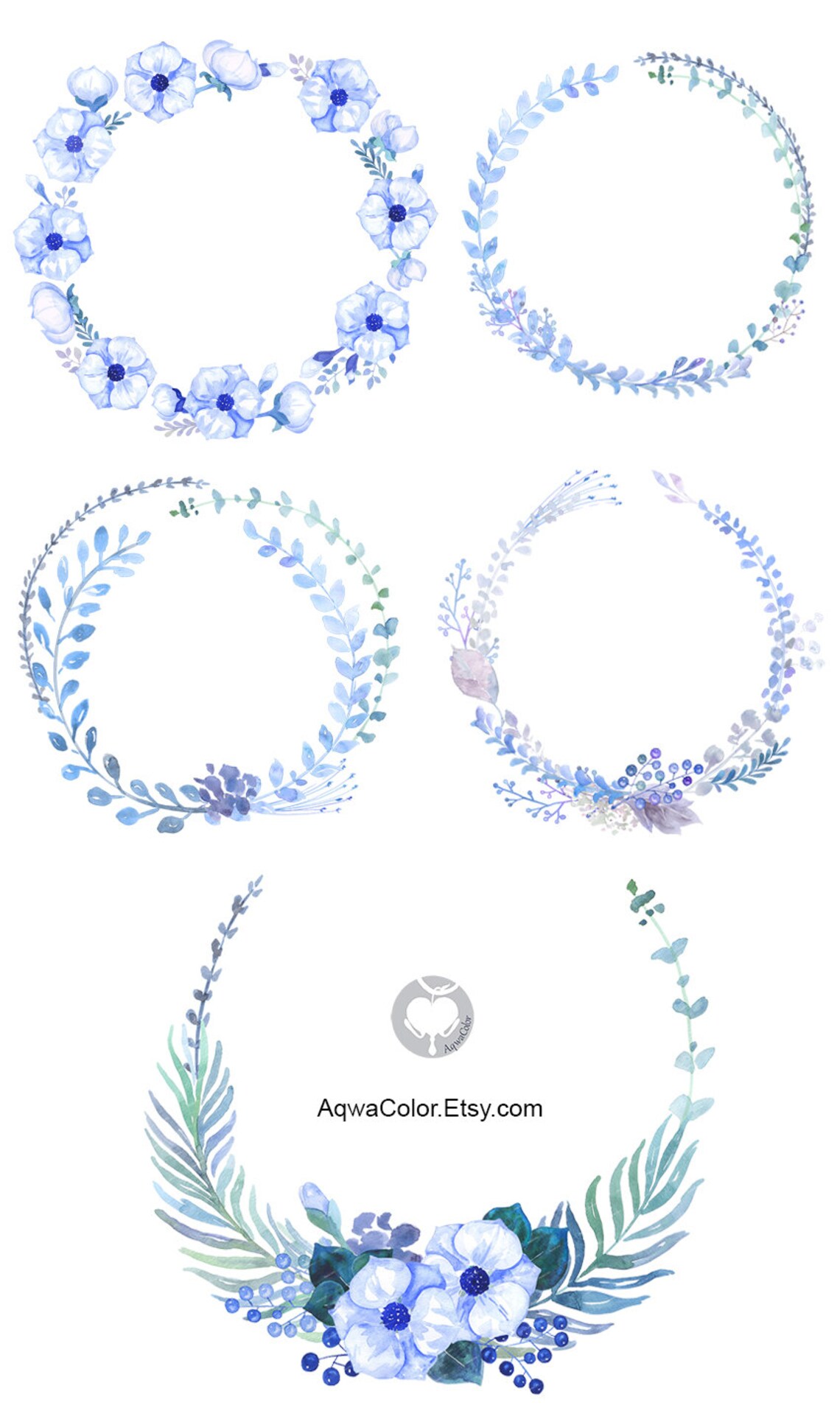Watercolor Clipart Blue Wreaths – Watercolor Flower Floral Clip Art ...