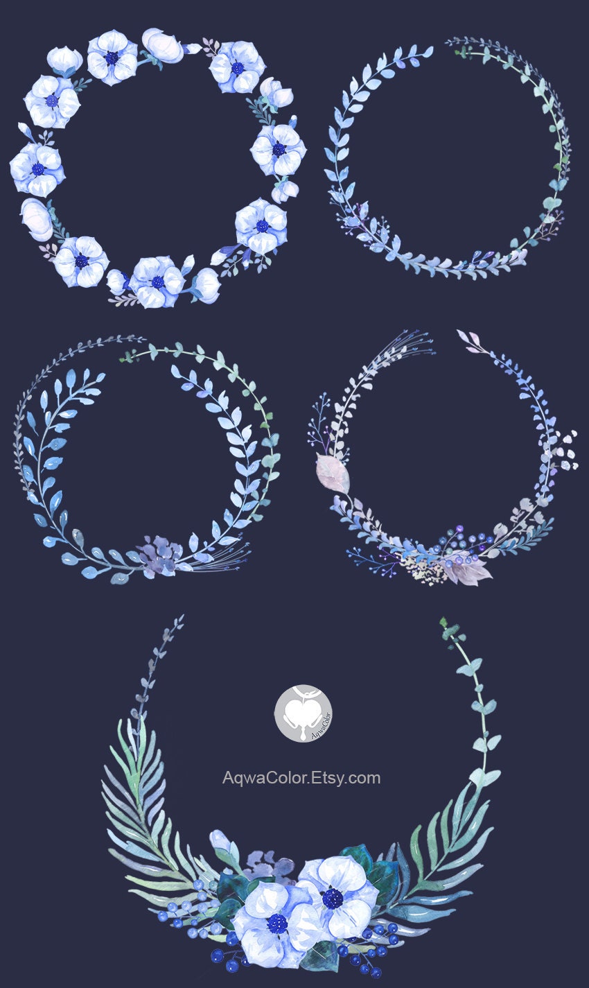 Watercolor Clipart Blue Wreaths – Watercolor Flower Floral Clip Art ...