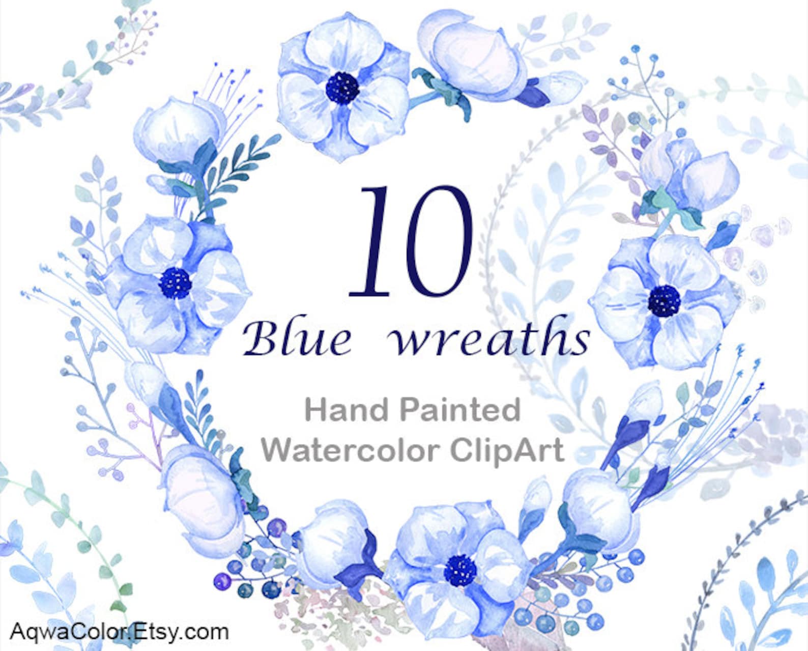 Watercolor Clipart Blue Wreaths – Watercolor Flower Floral Clip Art ...