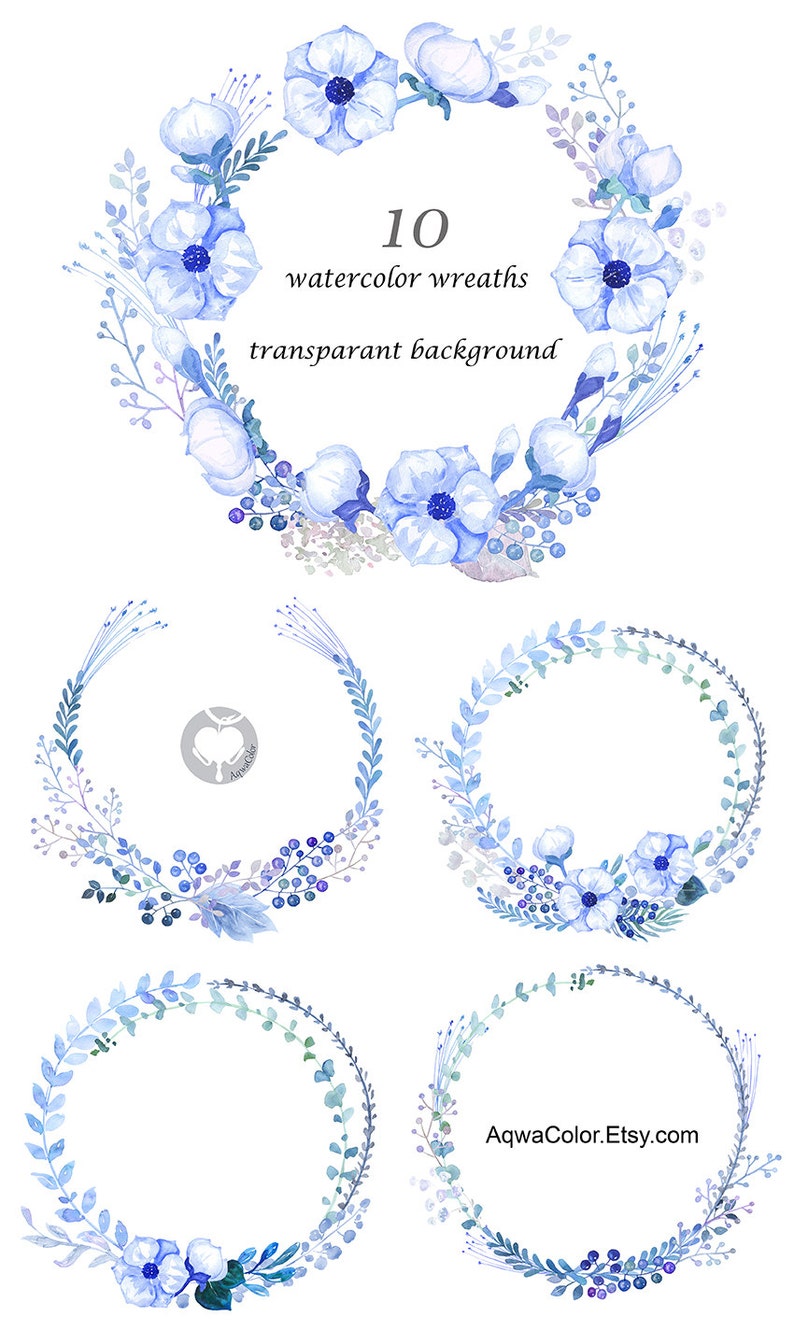 Watercolor Clipart Blue Wreaths – Watercolor Flower Floral Clip Art ...