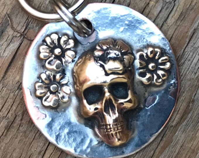Floral Sugar Skull Copper Pet ID Tag - Custom Engraved Dog Cat Collar ...