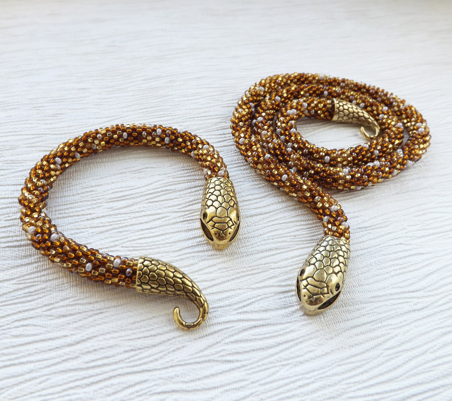 Gold Snake Jewelry Set, Beaded Gold Snake Necklace, Gold Seed Bead ...