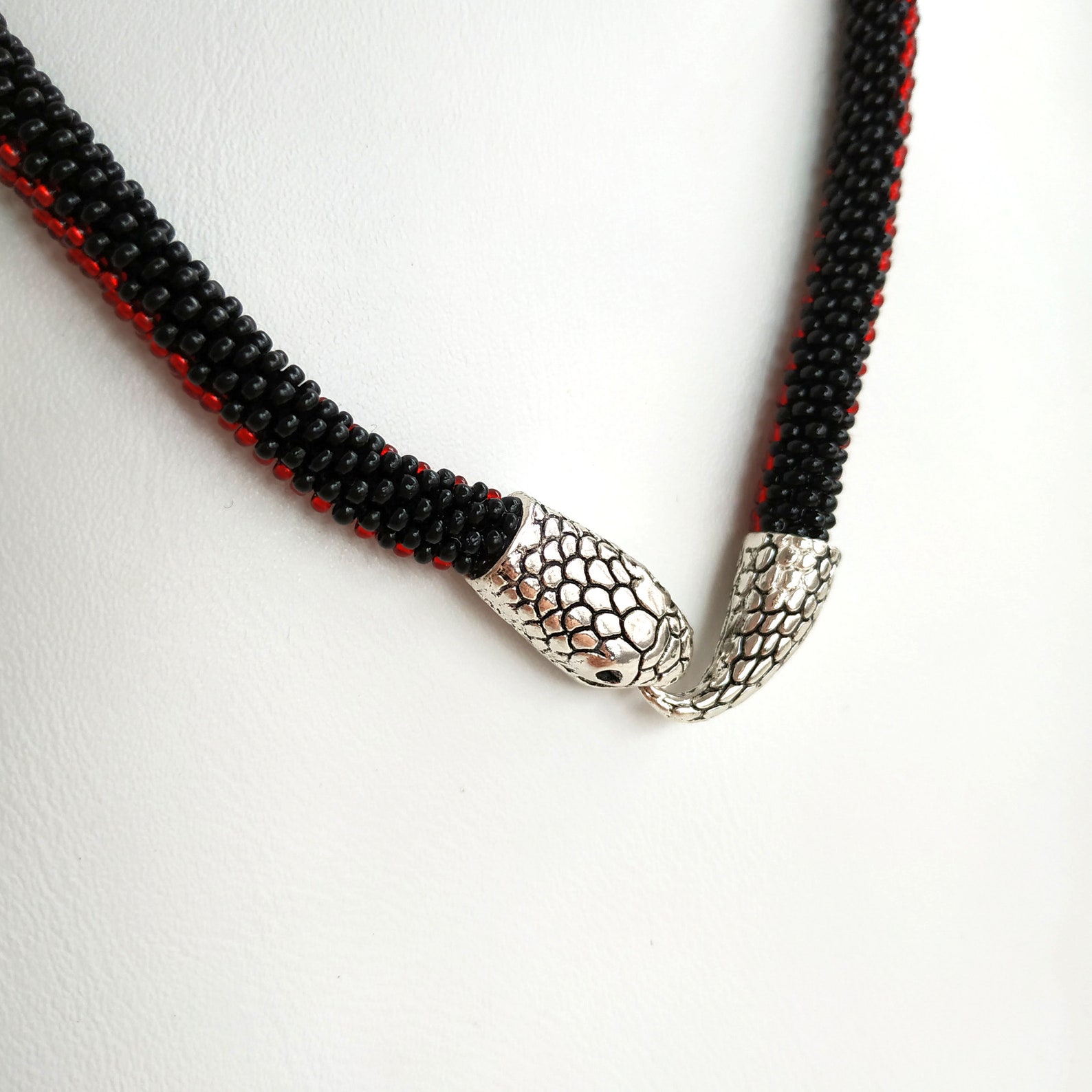 Red and Black Snake Necklace, Seed Bead Necklace, Snake Jewelry ...