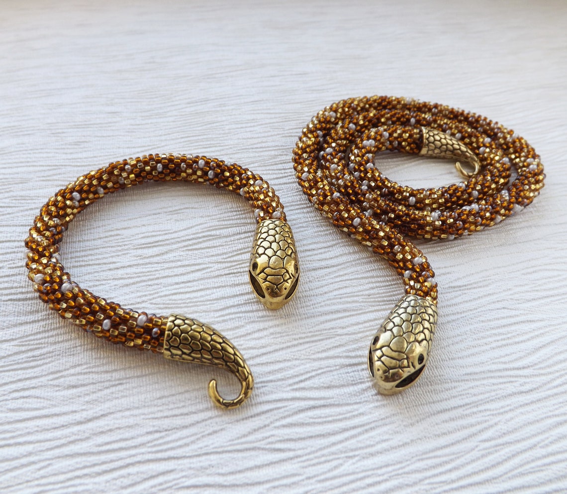 Gold Snake Jewelry Set, Beaded Gold Snake Necklace, Gold Seed Bead ...